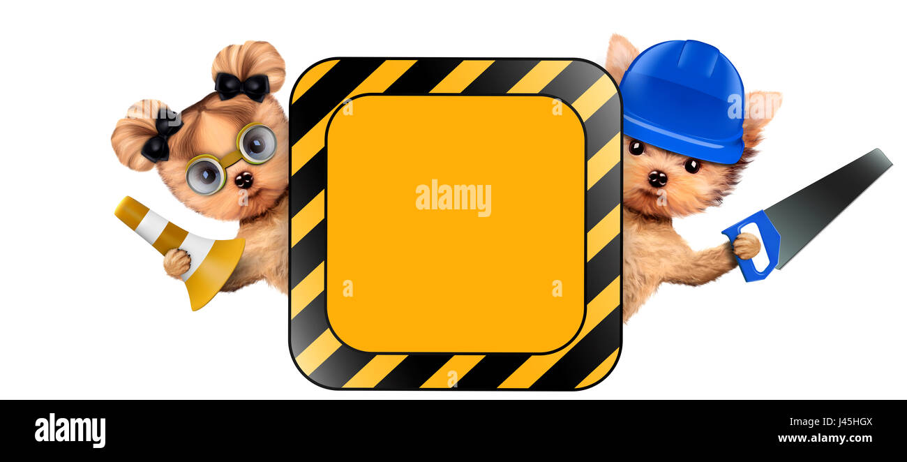 Funny couple of puppies with tools holding construction warning sign ...
