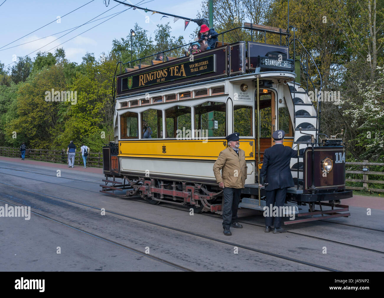 A tram collecting passengers at Beamish Museum,England,UK Stock Photo ...