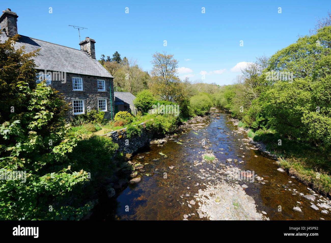 Afon Conwy flowing through the historic village of Ysbyty Ifan in North ...