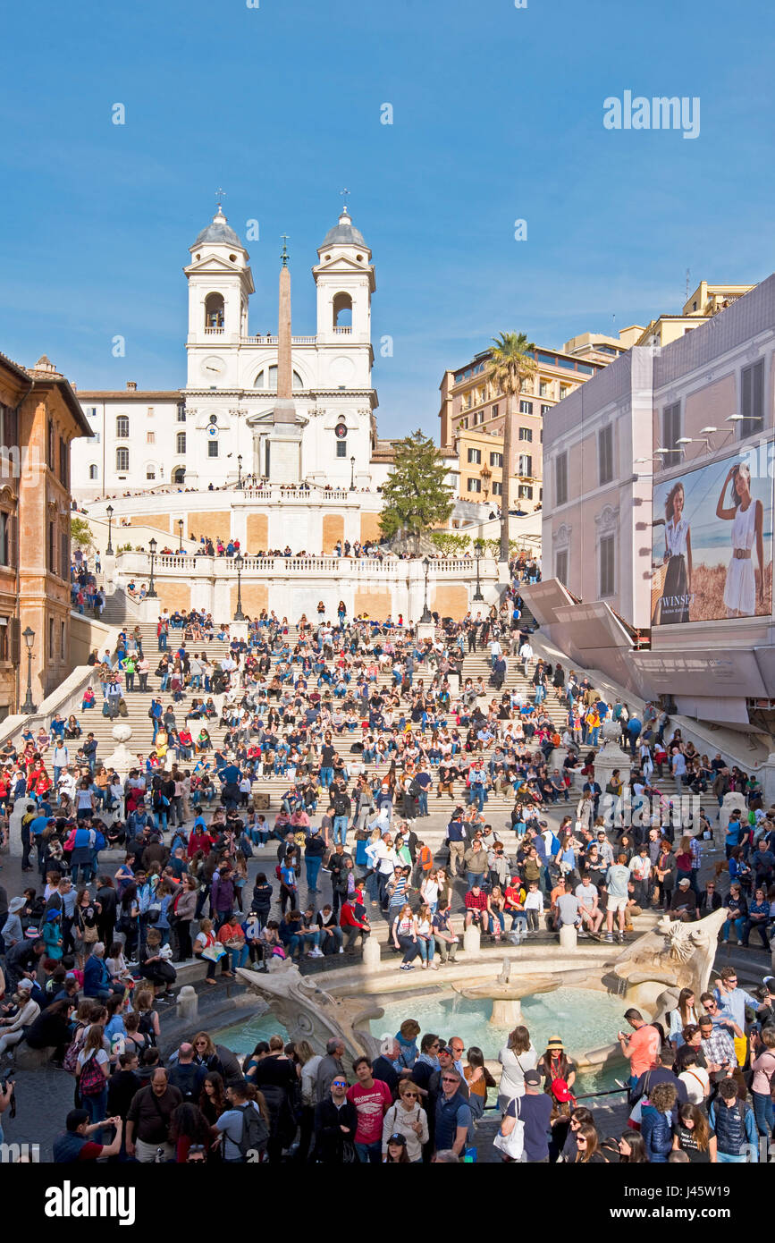 Spanish Steps in Rome with crowds of tourists on a sunny day with blue ...