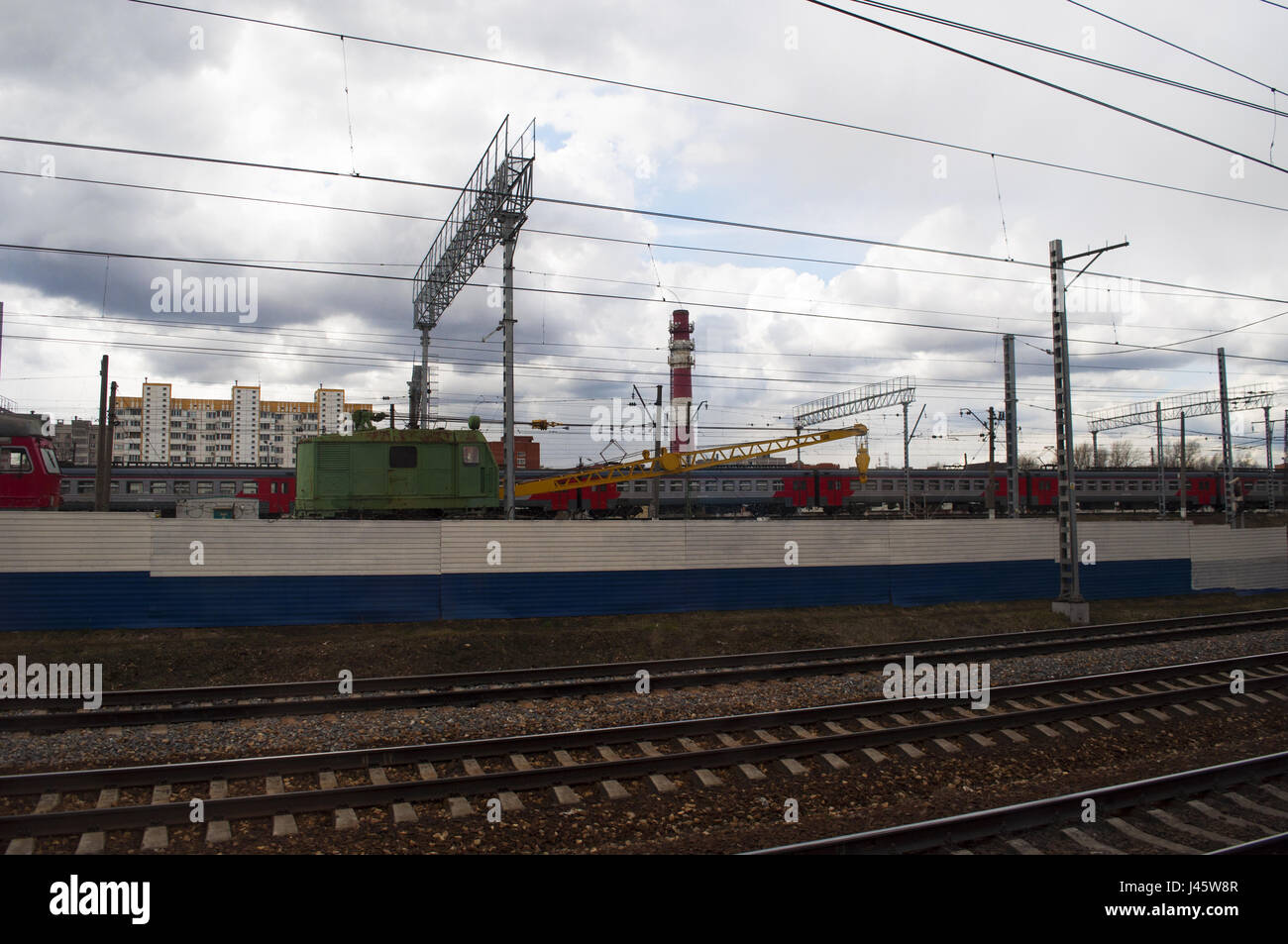 Landscape of the suburbs of Moscow and train tracks seen from the ...