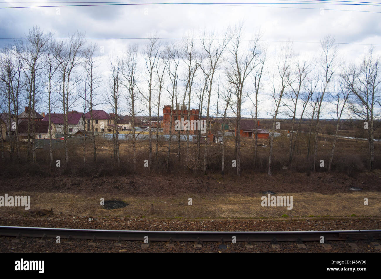 Landscape of the suburbs of Moscow and train tracks seen from the ...