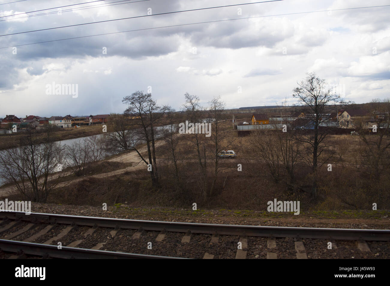 Landscape of the suburbs of Moscow and train tracks seen from the ...