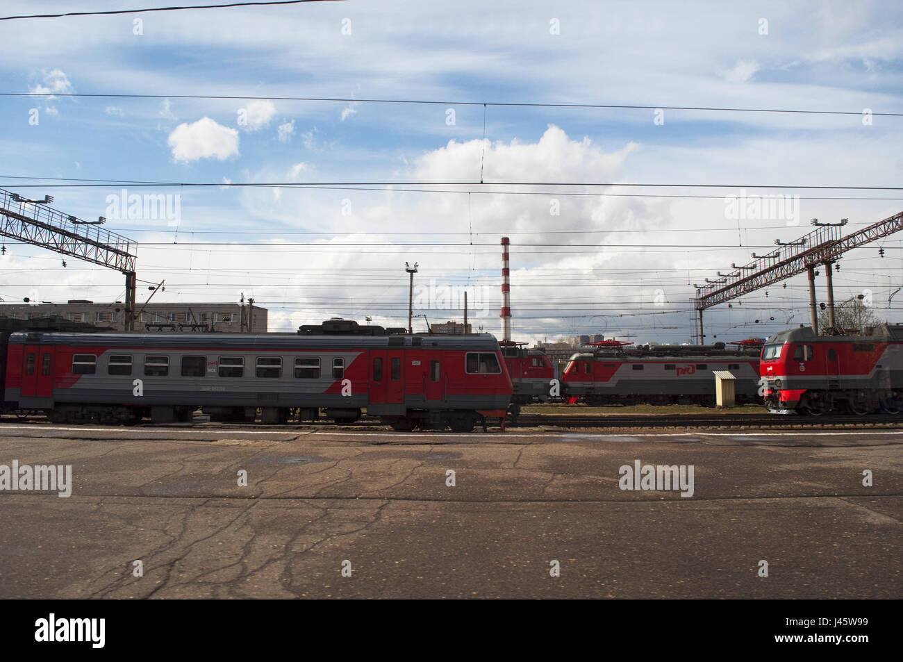 Landscape of the suburbs of Moscow and train tracks seen from the ...