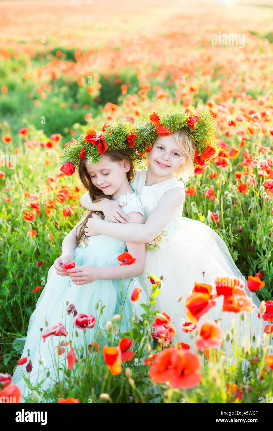 kid models, summer, childcare, happy childhood, fashion concept - two ...