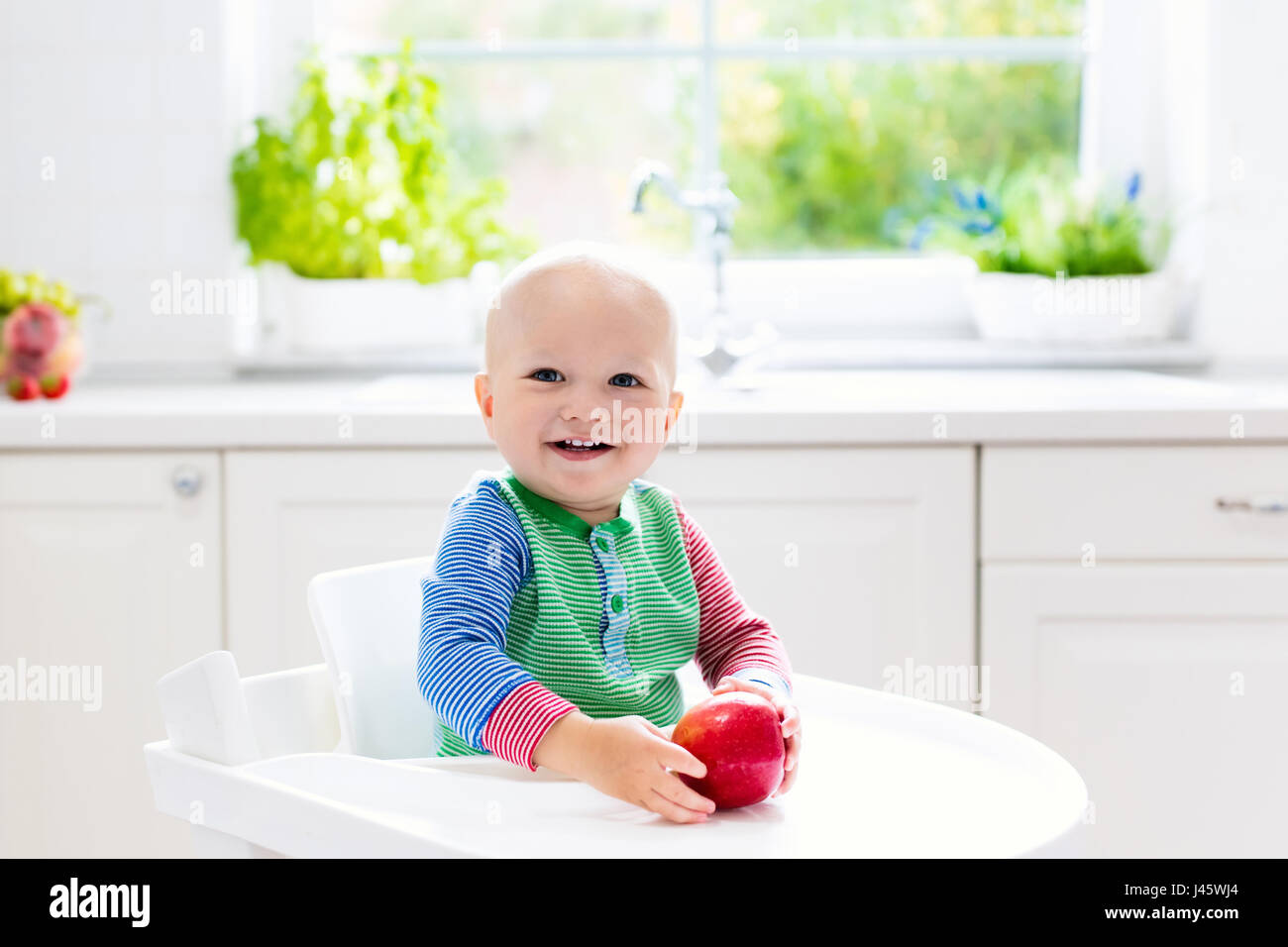 Baby eating fruit. Little boy biting apple sitting in white high chair ...