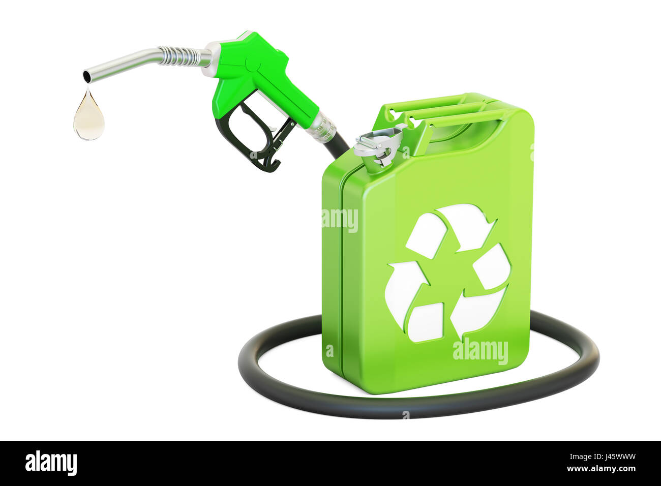 jerrycan with bio fuel and gas pump nozzle, 3D rendering isolated on ...