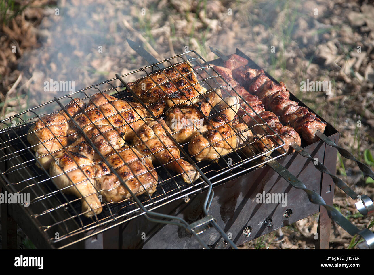 Grilled meat a coals and a logs Stock Photo - Alamy