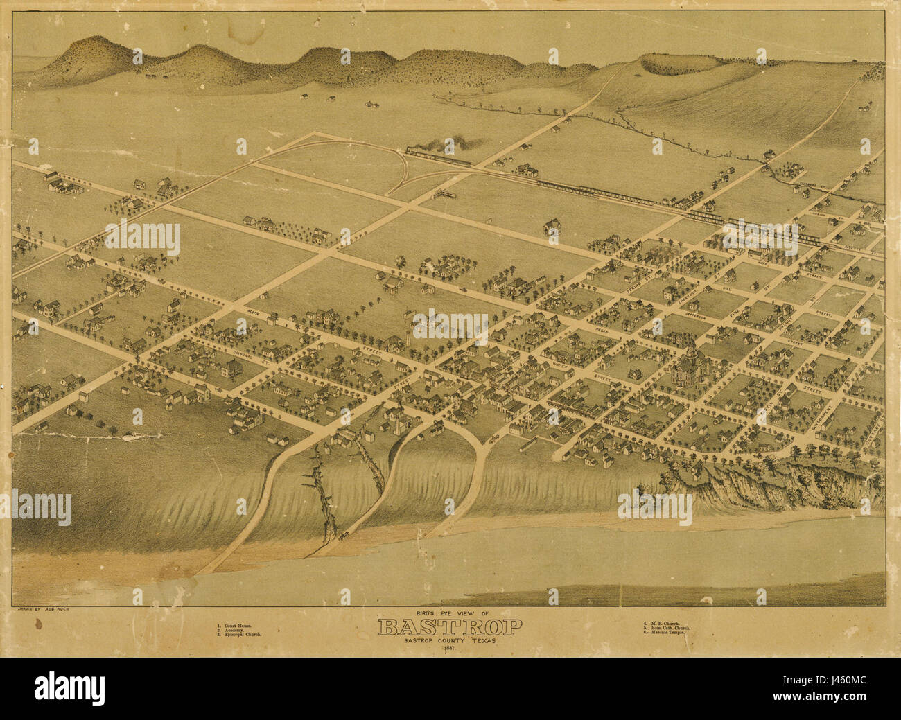 This 1887 map of Bastrop, Texas, shows the early layout and development ...