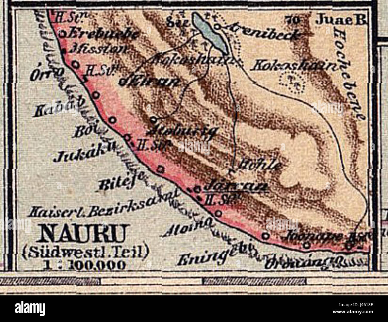 A historical map depicting the southwest region of Nauru, an island ...