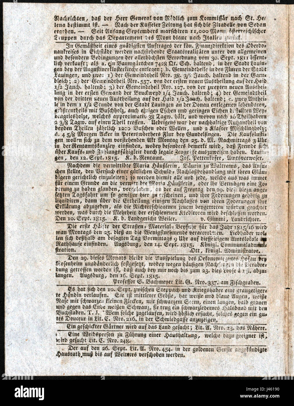 This document, from September 18, 1815, likely relates to events in ...