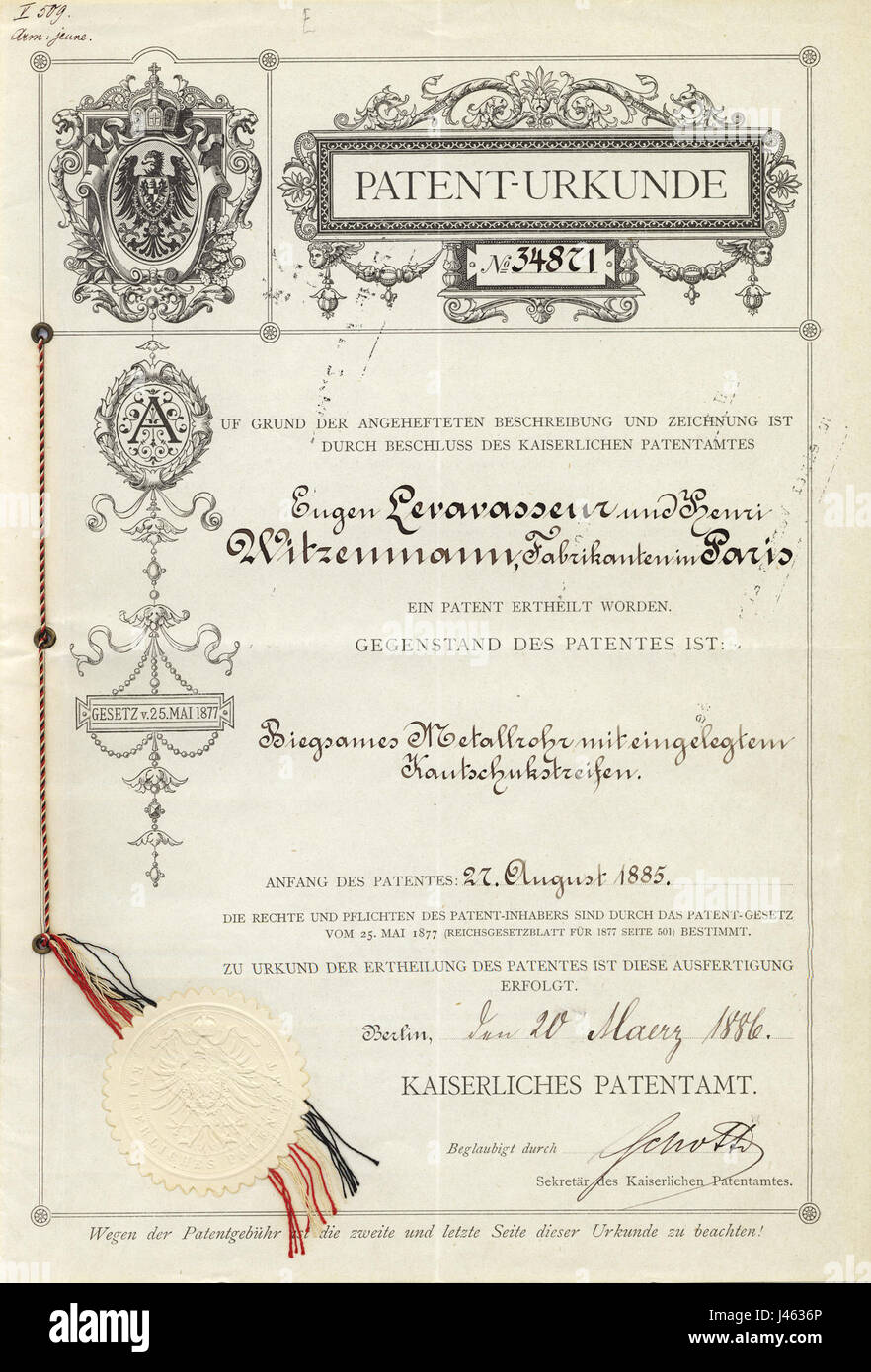 A historical patent certificate from the year 173, detailing the ...