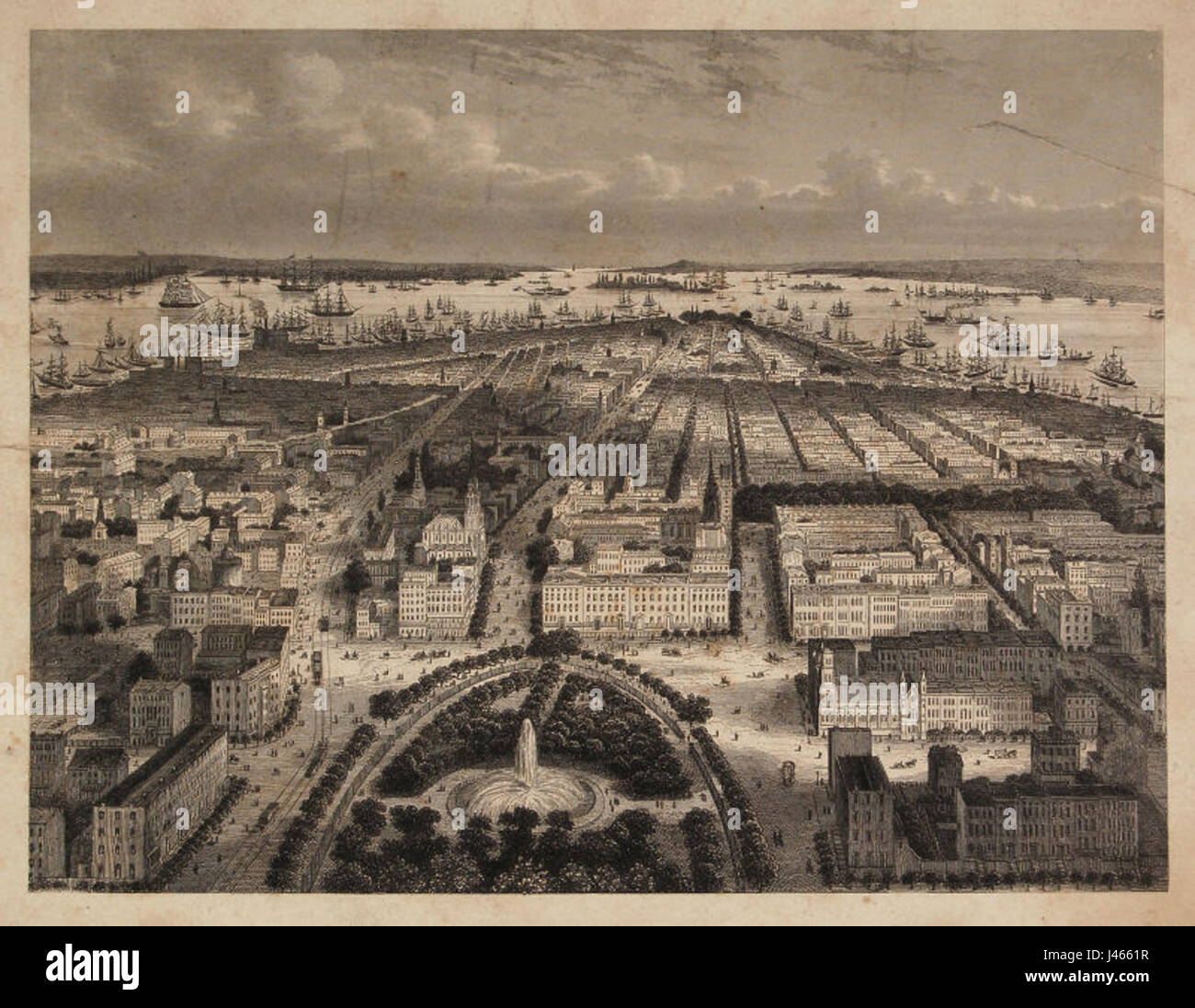 A historical depiction of New York City around 1840 shows the early ...