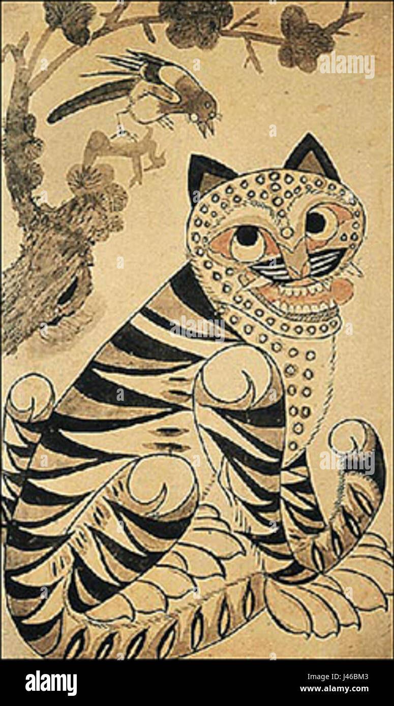 'Minhwa Tiger and Magpie' is a traditional Korean painting style ...