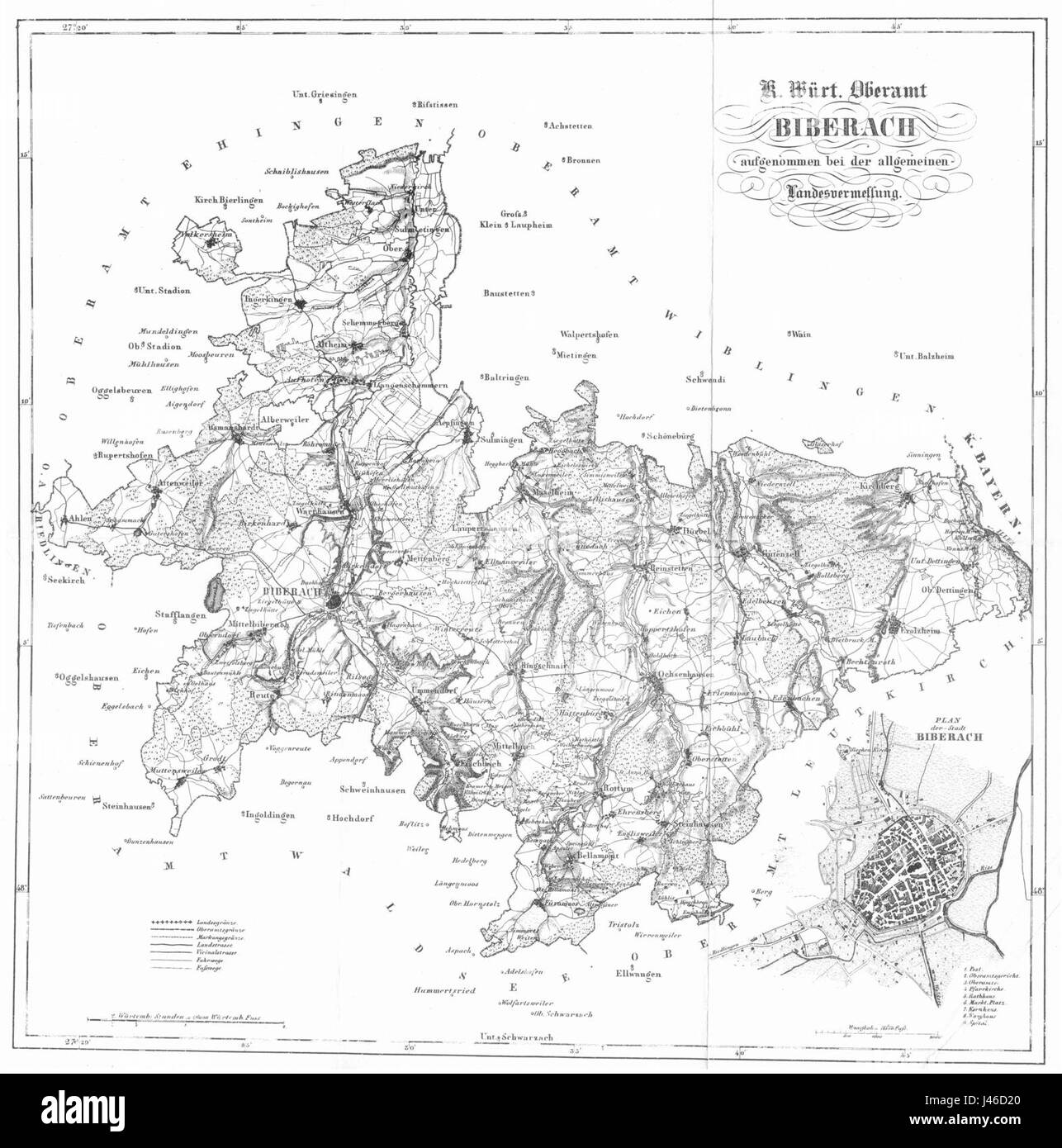 This map depicts the Oberamt Biberach, a historical region in Germany ...