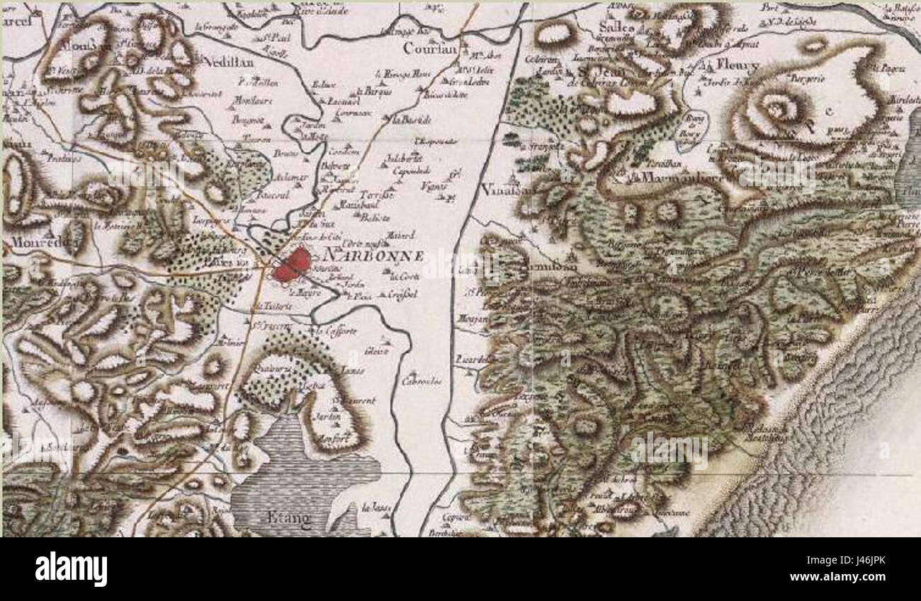 An historical map of Narbonne, France, produced by Cassini in the 18th ...