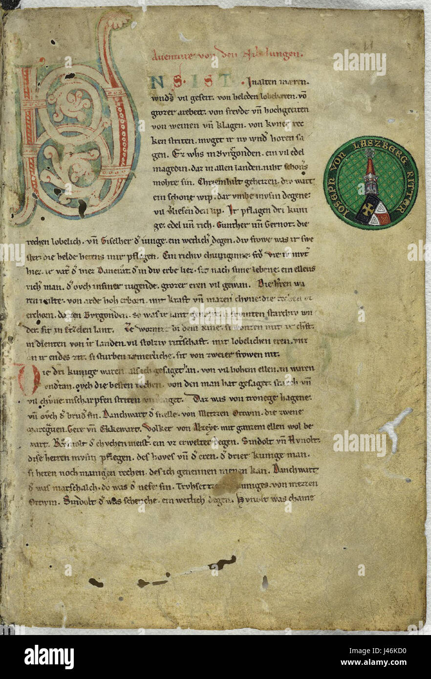 A page from the Nibelungen manuscript C, Blatt 1r, featuring medieval ...