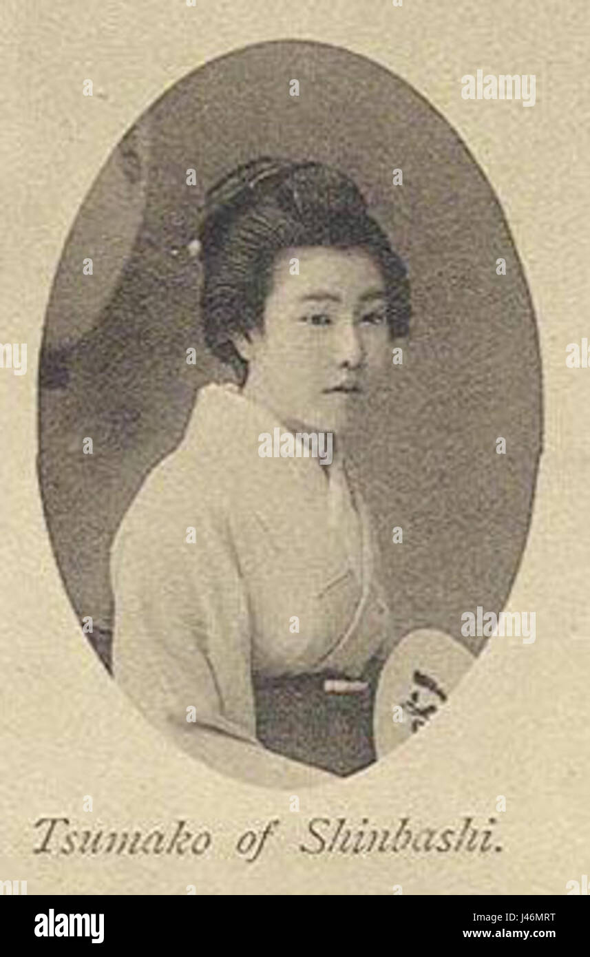 This image features a traditional Japanese portrait of a geisha, titled ...