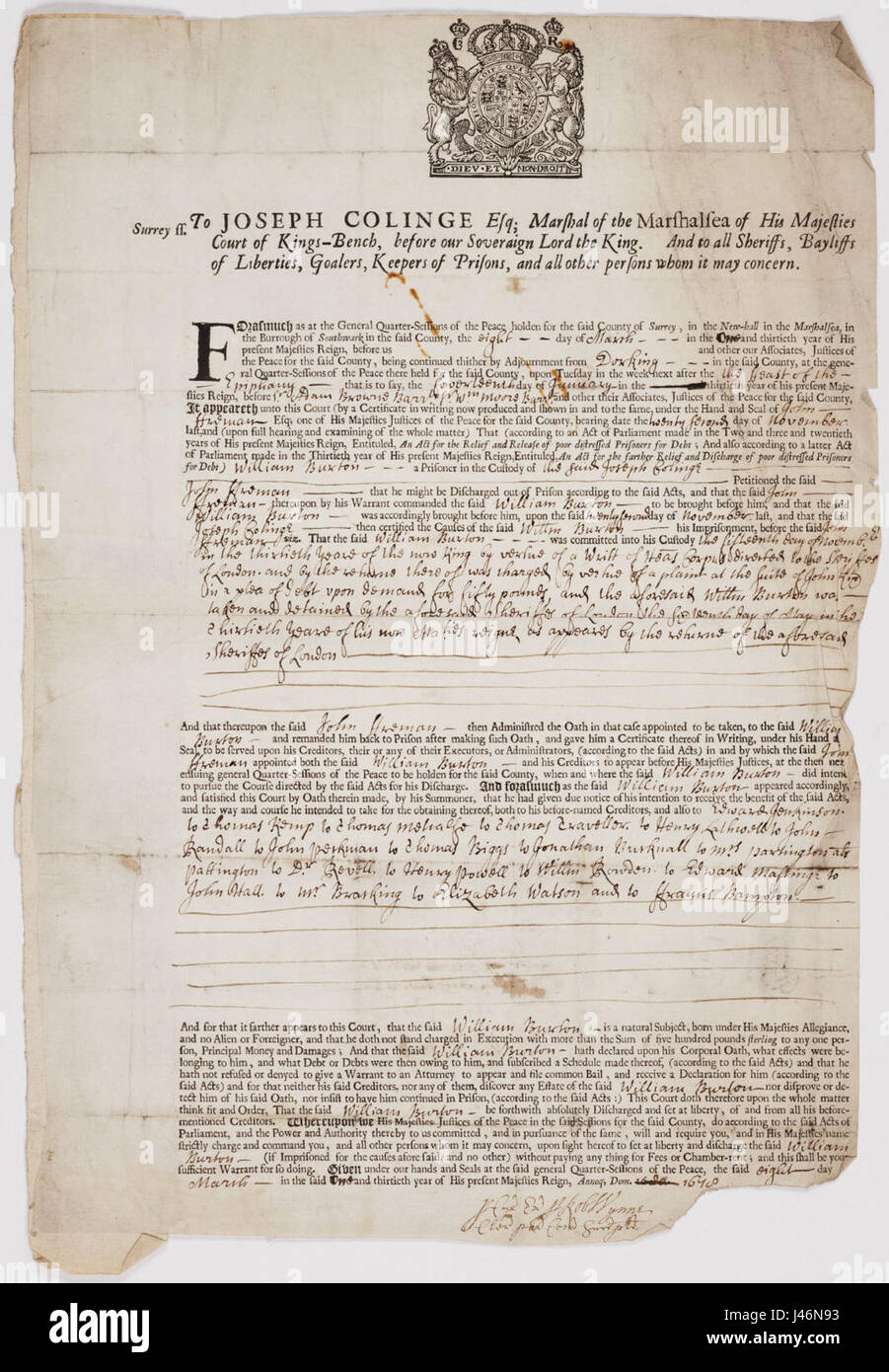 Order to Joseph Collinge Esq marshall of the Marshalsea of His ...