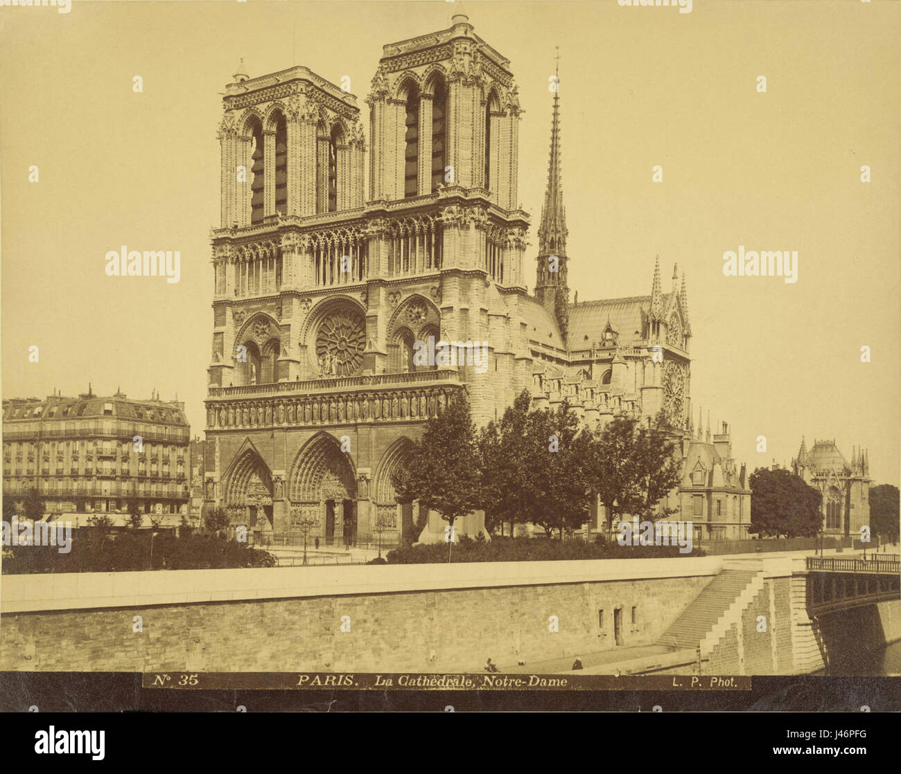 A photograph of Notre Dame Cathedral in Paris, taken between 1865 and ...