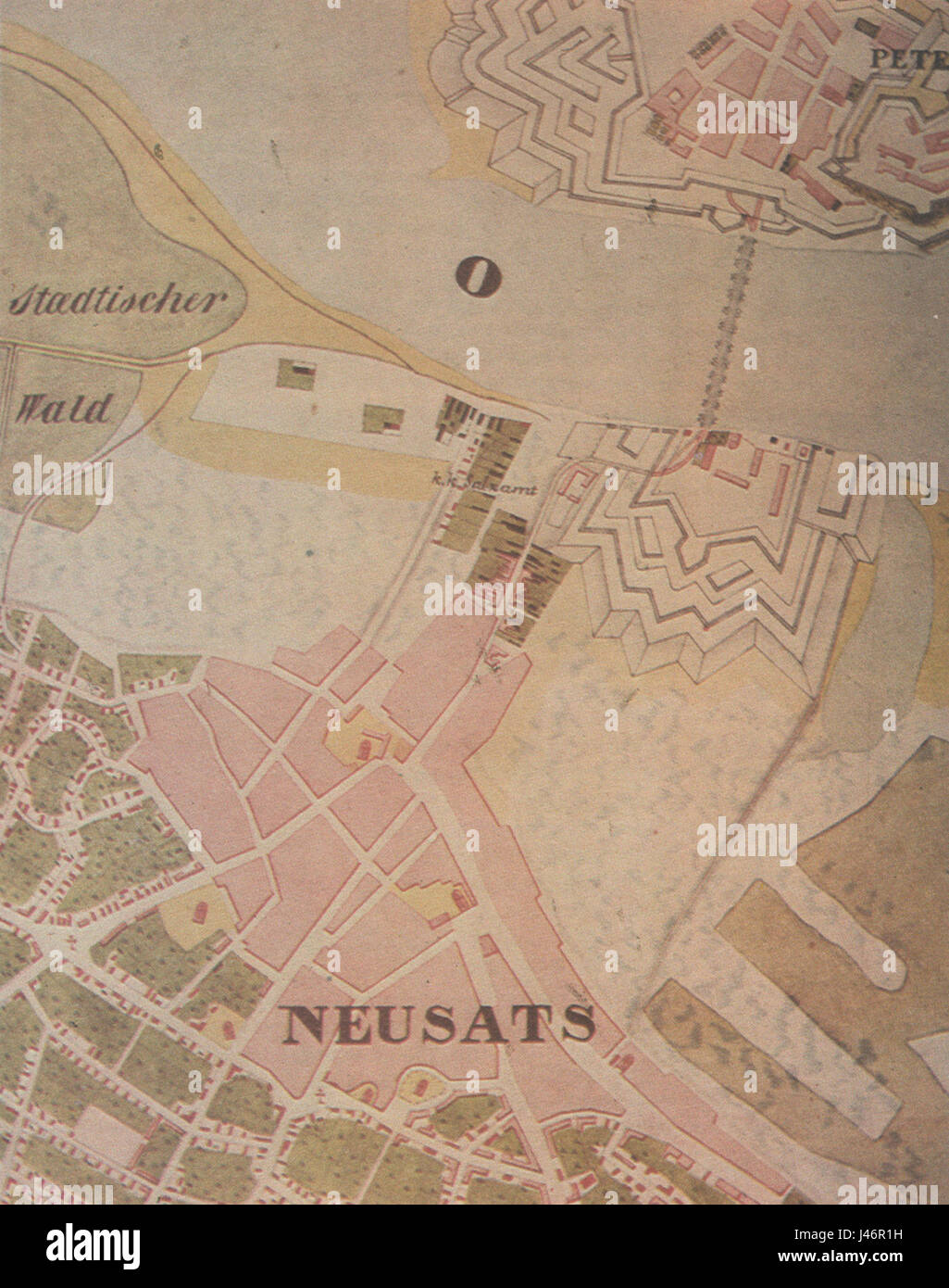 A historical map of Novi Sad from 1845, depicting the layout and key ...
