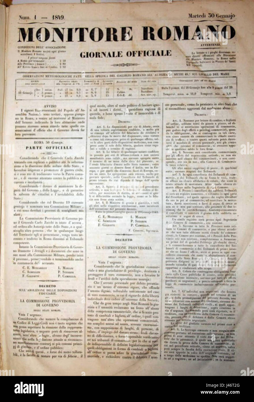 An article from the 'Monitore Romano' newspaper dated January 30, 1849 ...