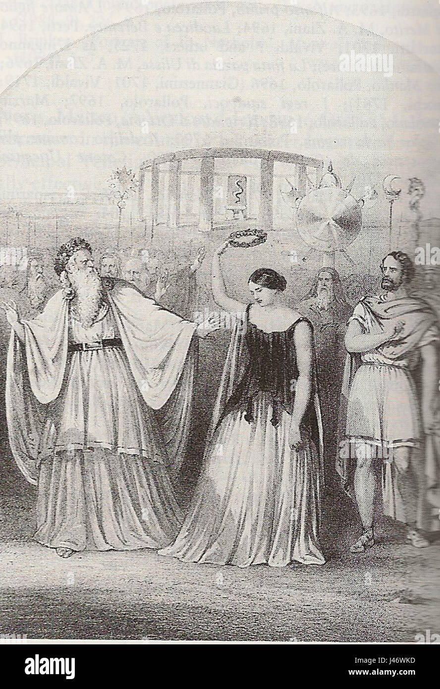 This engraving depicts the final scene from Act 2 of the opera 'Norma ...