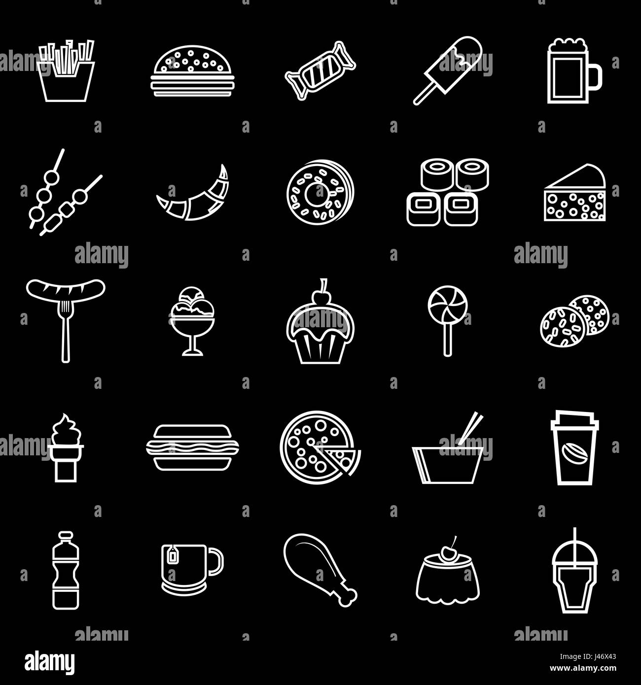 Fast food line icons on black background, stock vector Stock Vector ...