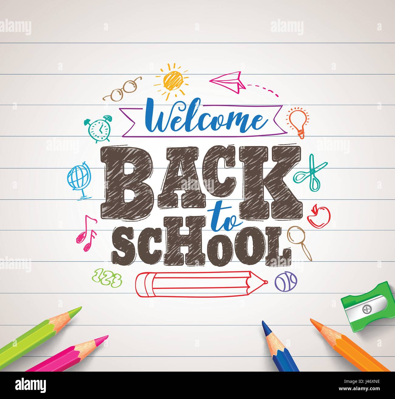 Back to school vector drawing in white paper with colorful crayons ...