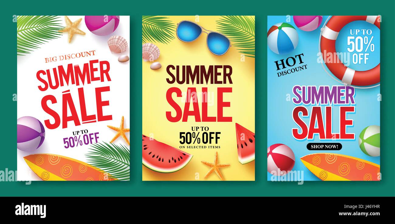 Summer sale vector poster set with 50% off discount text and summer ...
