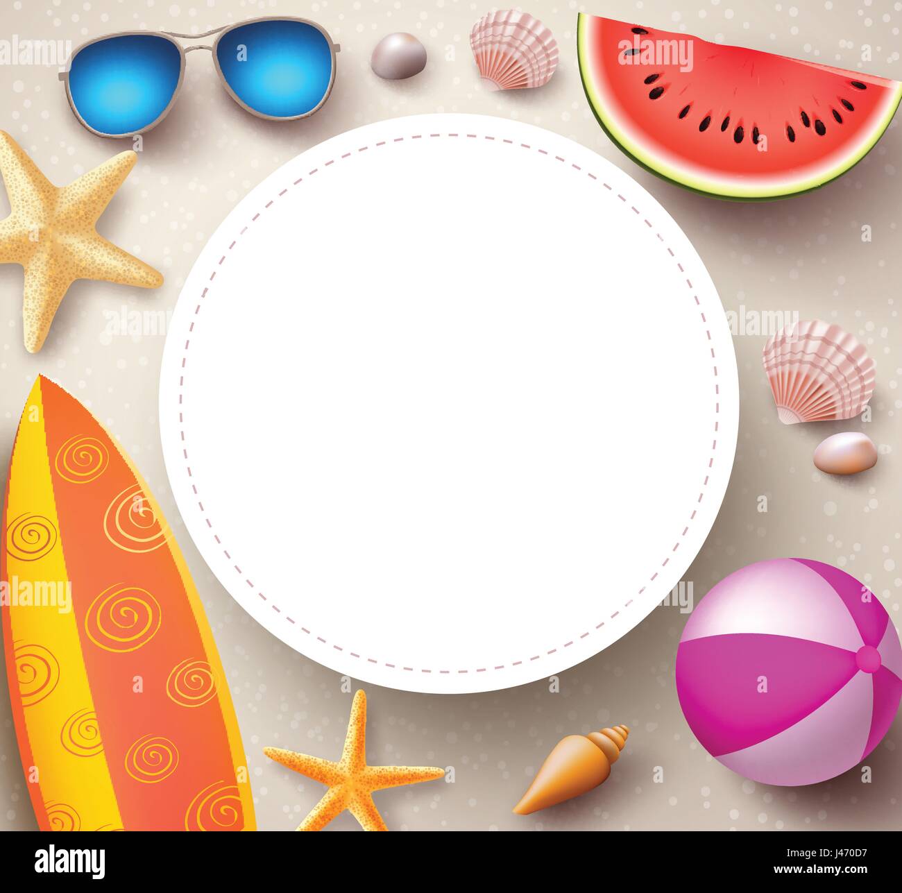 Summer vector background with empty white circle for text and colorful ...