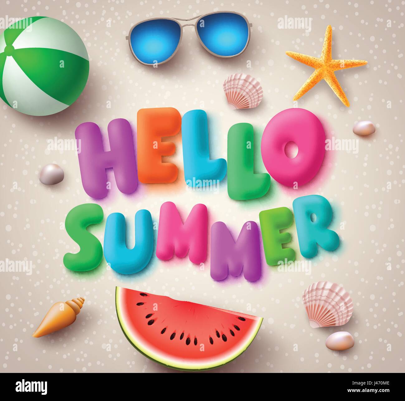 Hello summer colorful text vector banner in the beach with elements ...