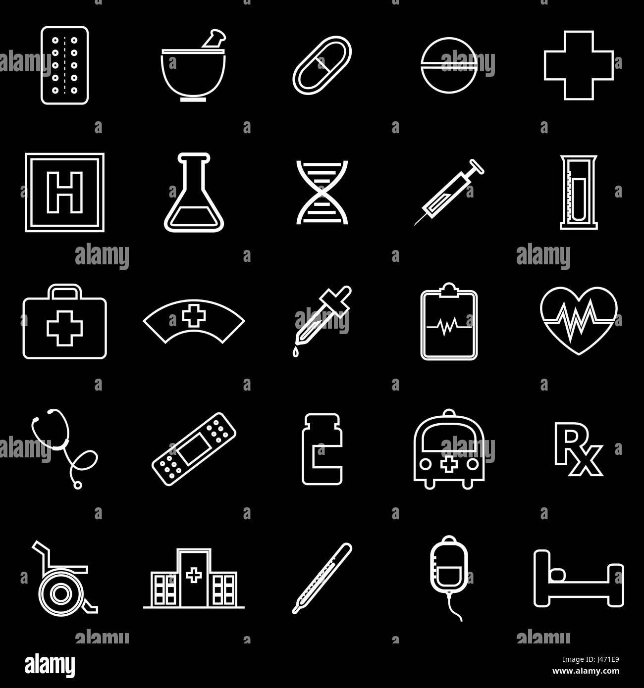 Pharmacy line icons on black background, stock vector Stock Vector ...