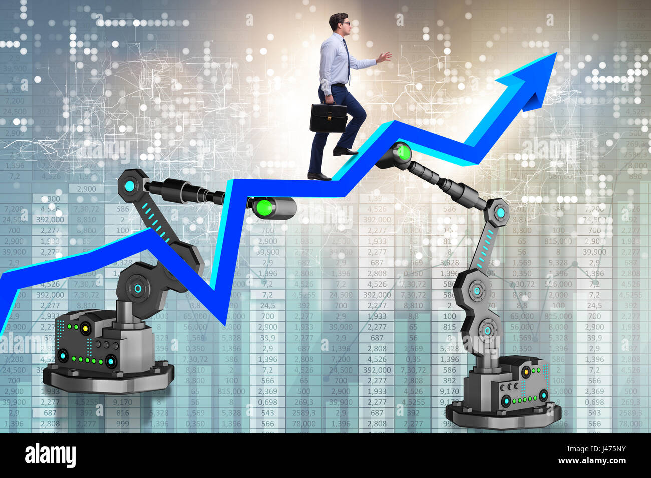 Businessman walking up the chart supported by robotic arm Stock Photo ...