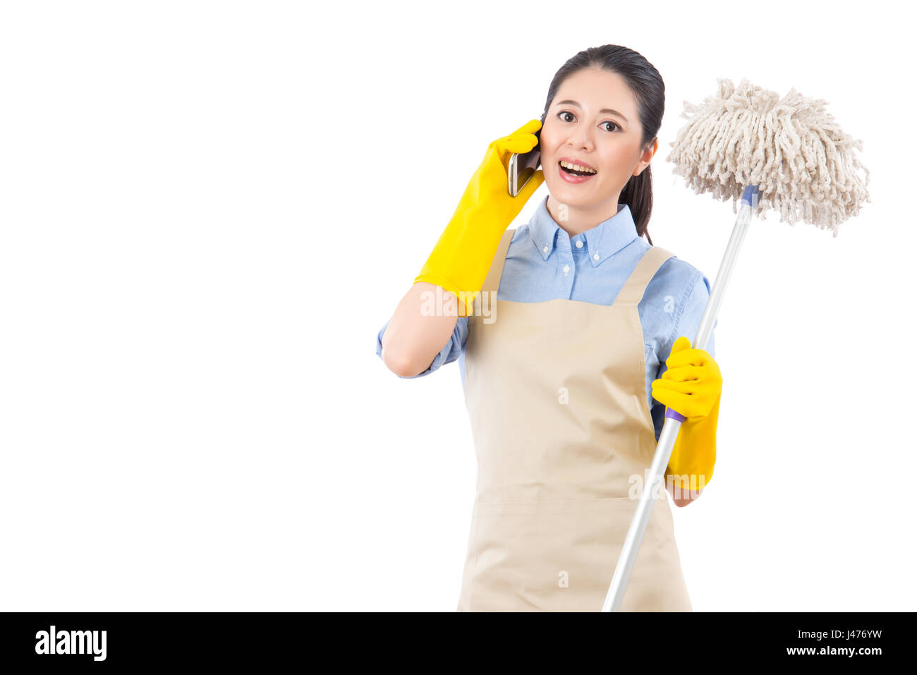 beautiful housewife using smartphone call for professional house ...