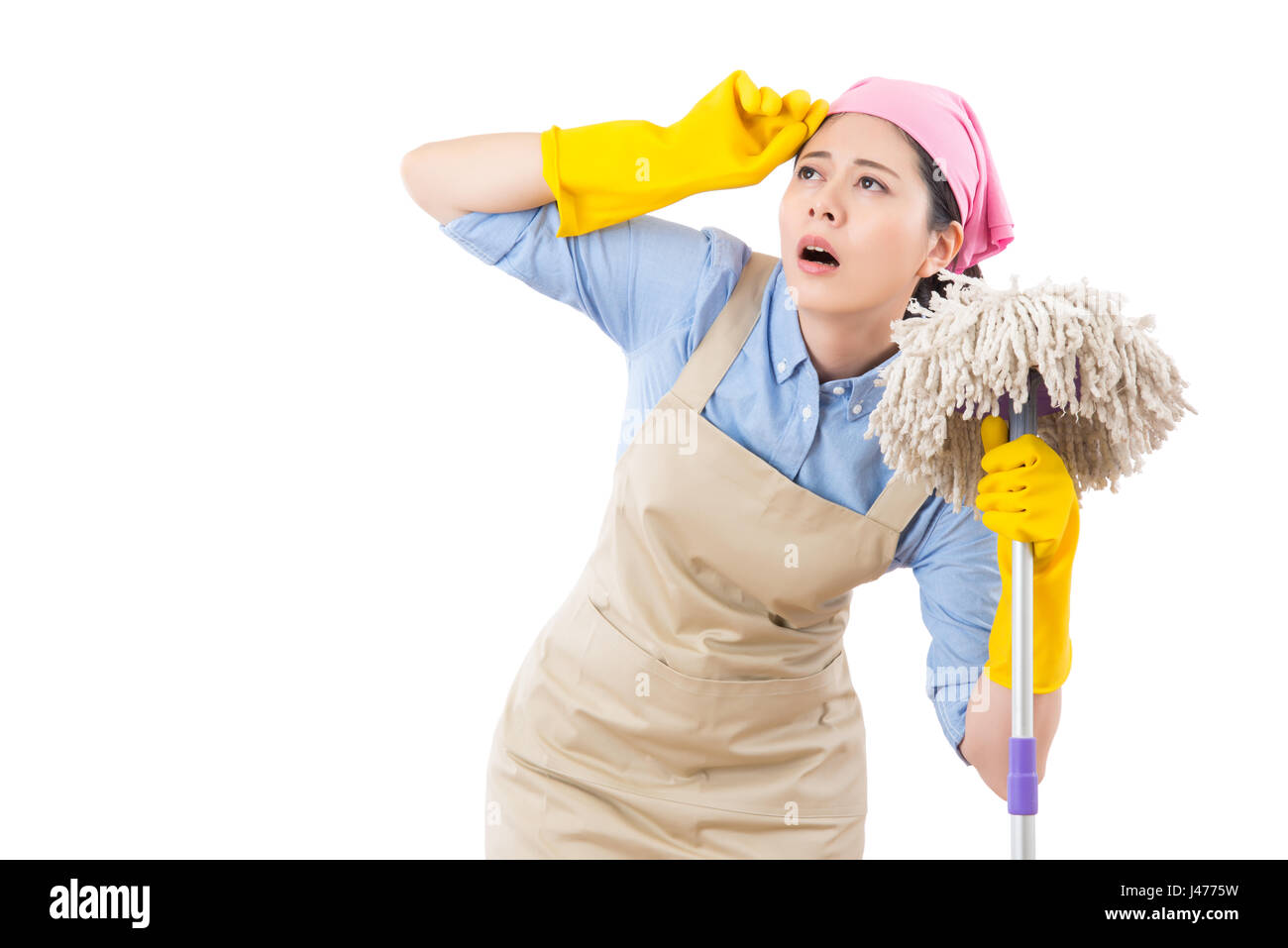 Tired and exhausted cleaning woman with house clean feel tired and ...