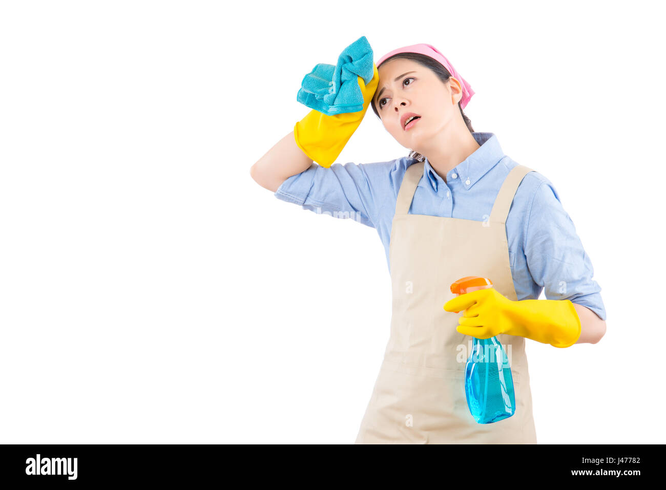 Cleaning woman feel tired and exhausted after finish cleaning the house ...