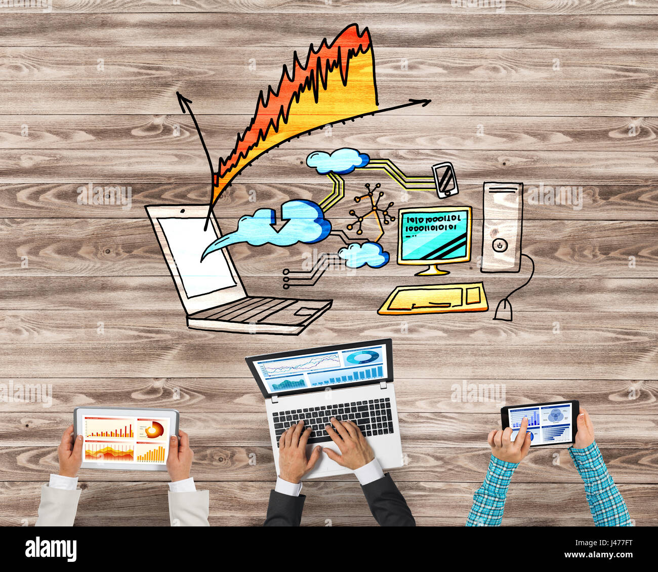 Group of people with devices in hands working together as symbol of ...