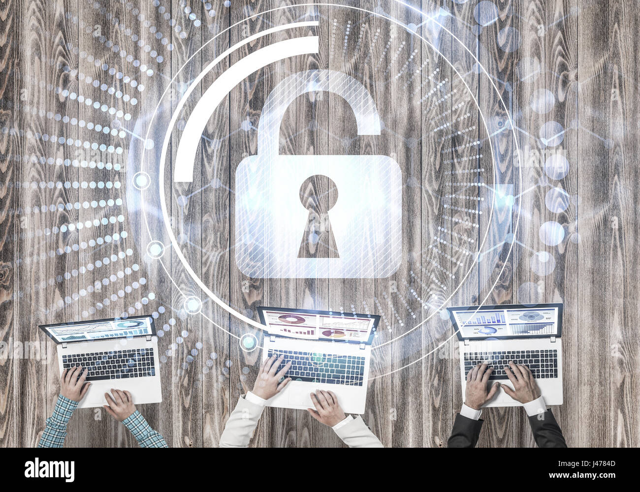 Group of people with devices in hands working together and symbol of ...