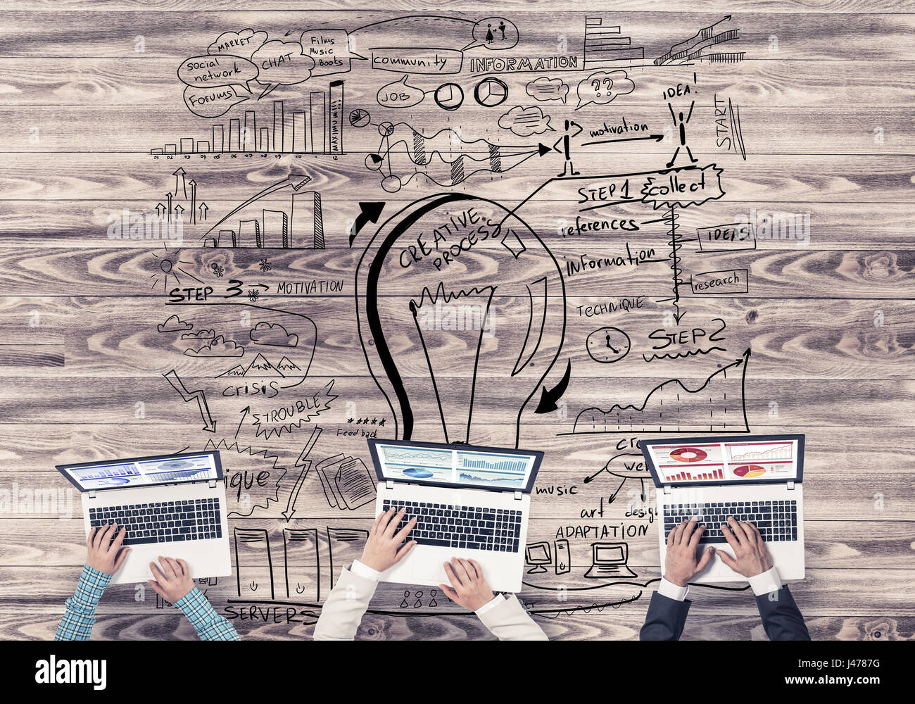 Group of three people with devices in hands working together as symbol ...