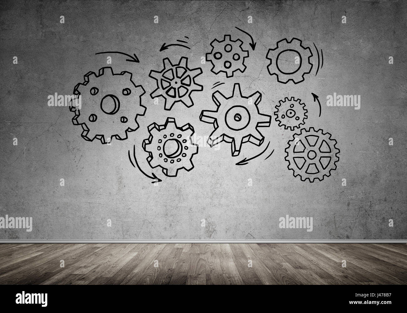 Gear hand drawn mechanism on gray wall Stock Photo - Alamy
