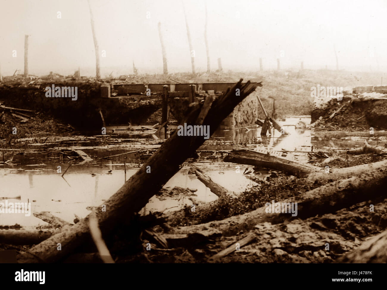 WW1 - Battle of Ypres - The canal at Boezinge showing destroyed bridge ...