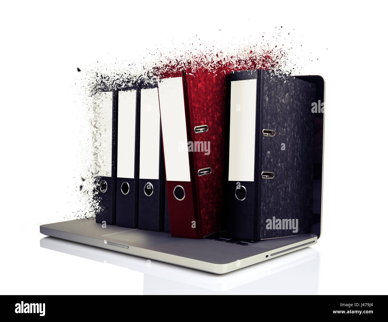 Laptop with some folders exploded and getting out the screen on white ...