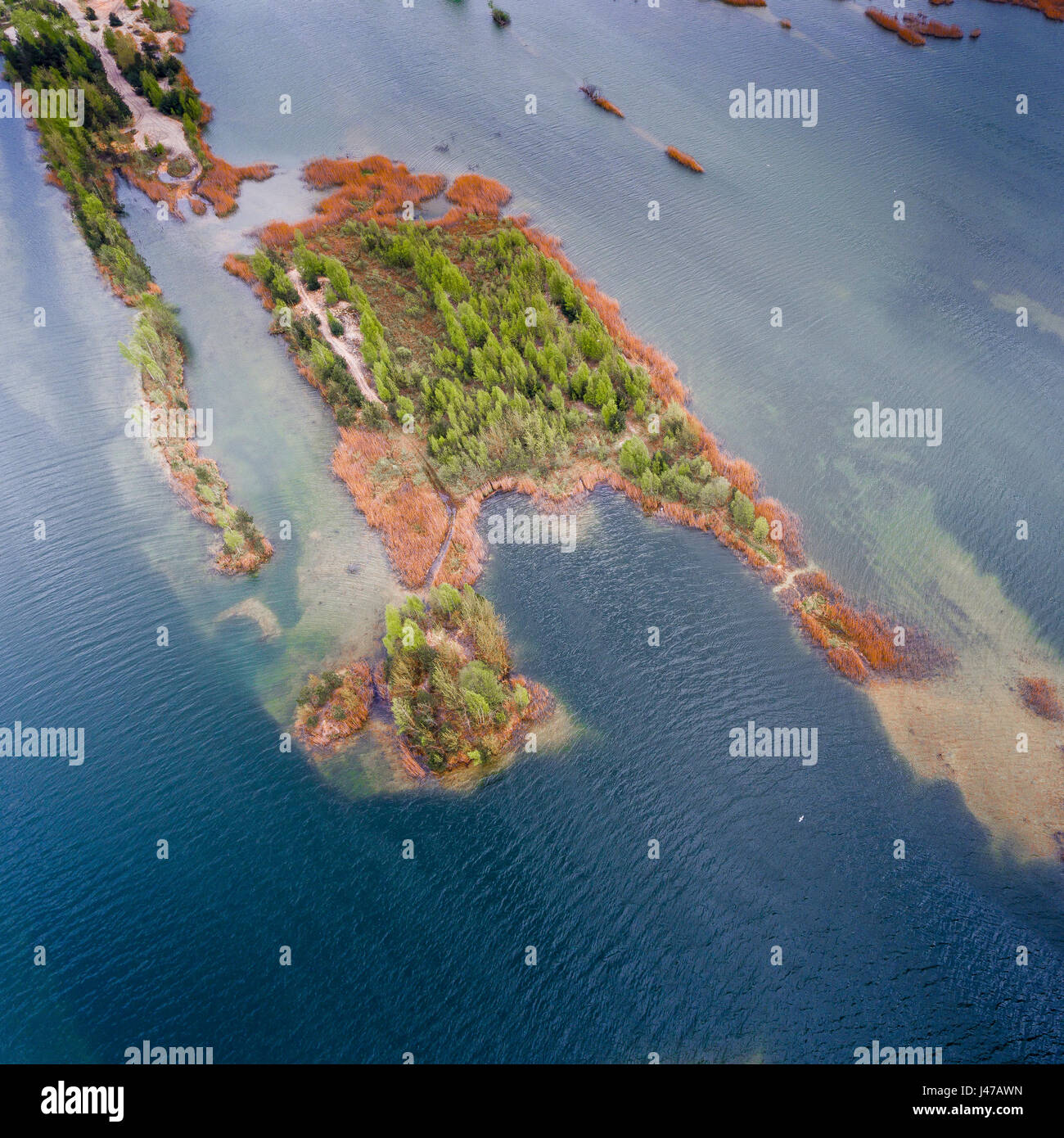 Lake and forest during spring time. View from above. Pogoria IV in ...