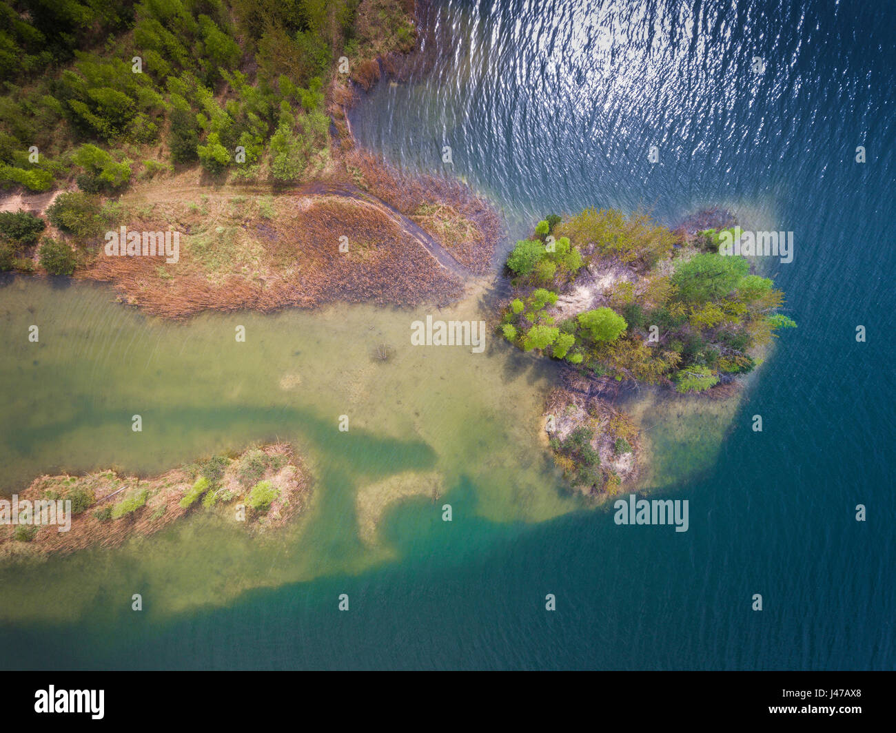 Lake and forest during spring time. View from above. Pogoria IV in ...