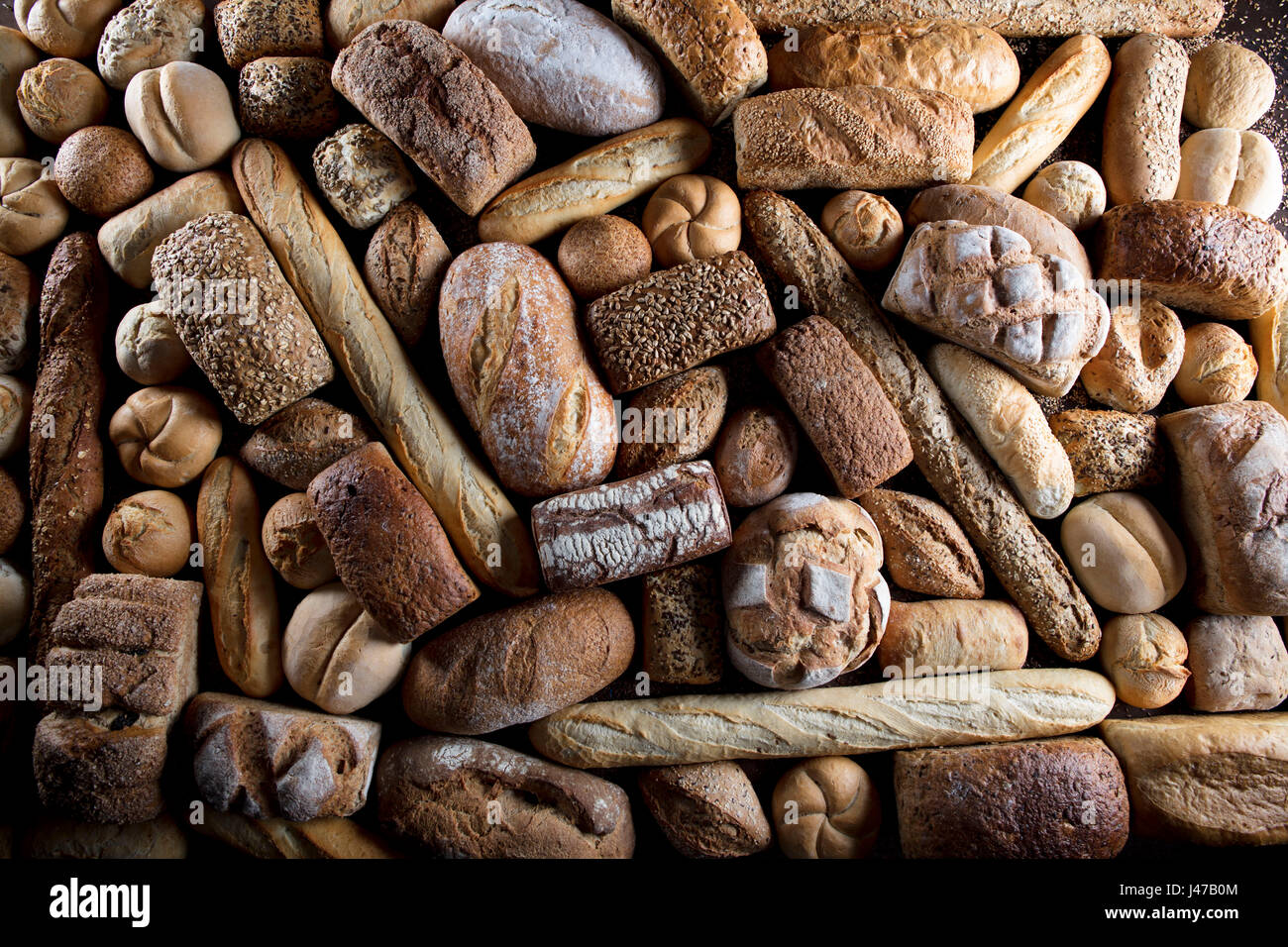 Baked goods. Mixed bread top view studio shots Stock Photo - Alamy