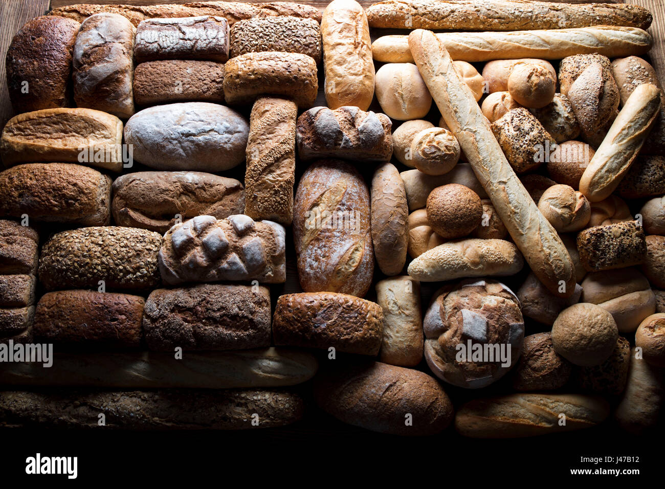 Baked goods. Mixed bread top view studio shots Stock Photo - Alamy