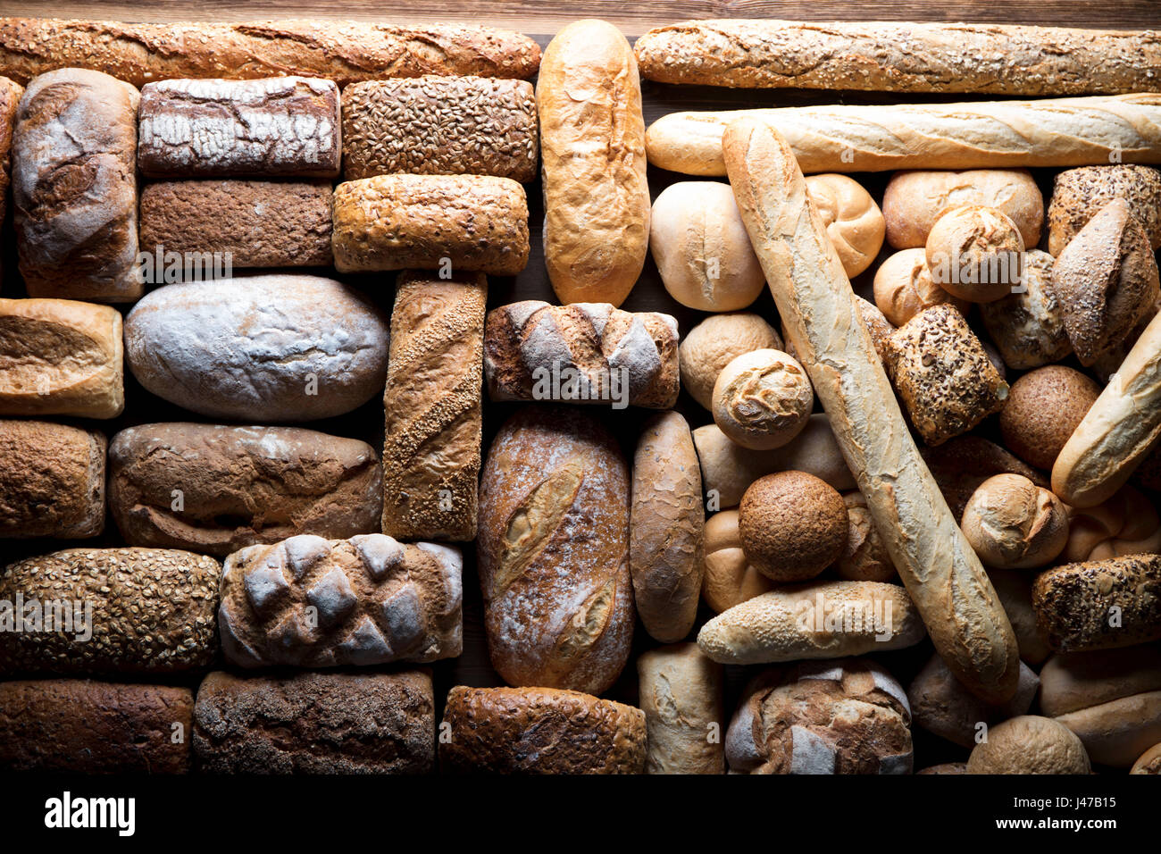 Baked goods. Mixed bread top view studio shots Stock Photo - Alamy