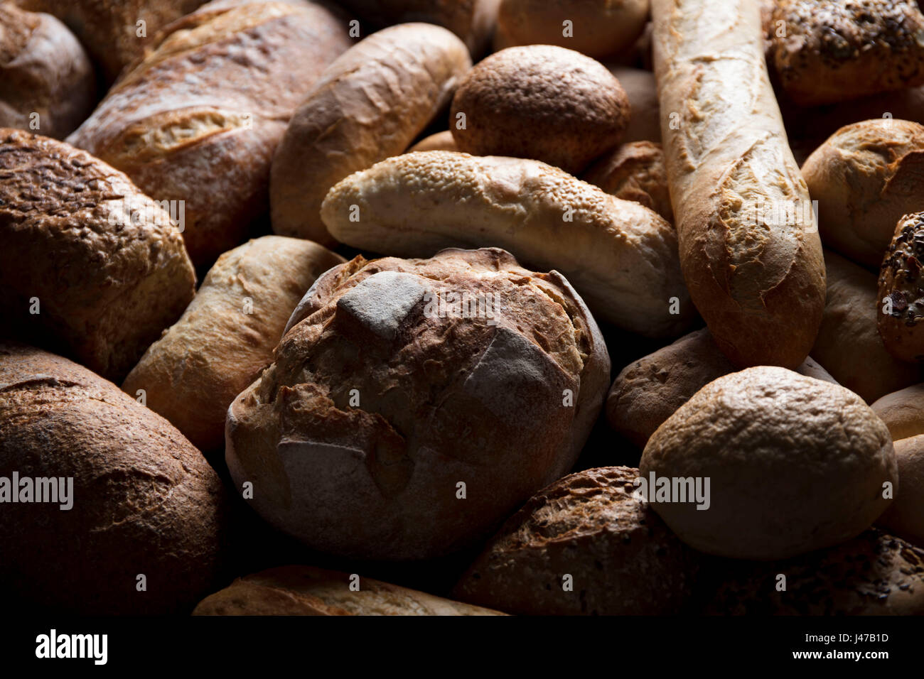Baked goods. Mixed bread top view studio shots Stock Photo - Alamy