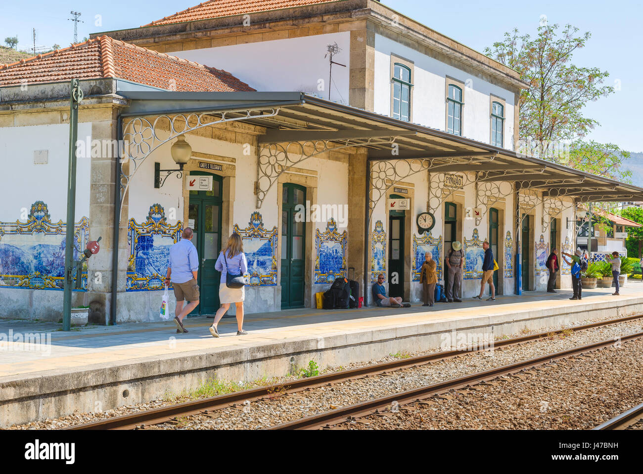 Pinhao Portugal train station, tourists arrive at the station of the ...